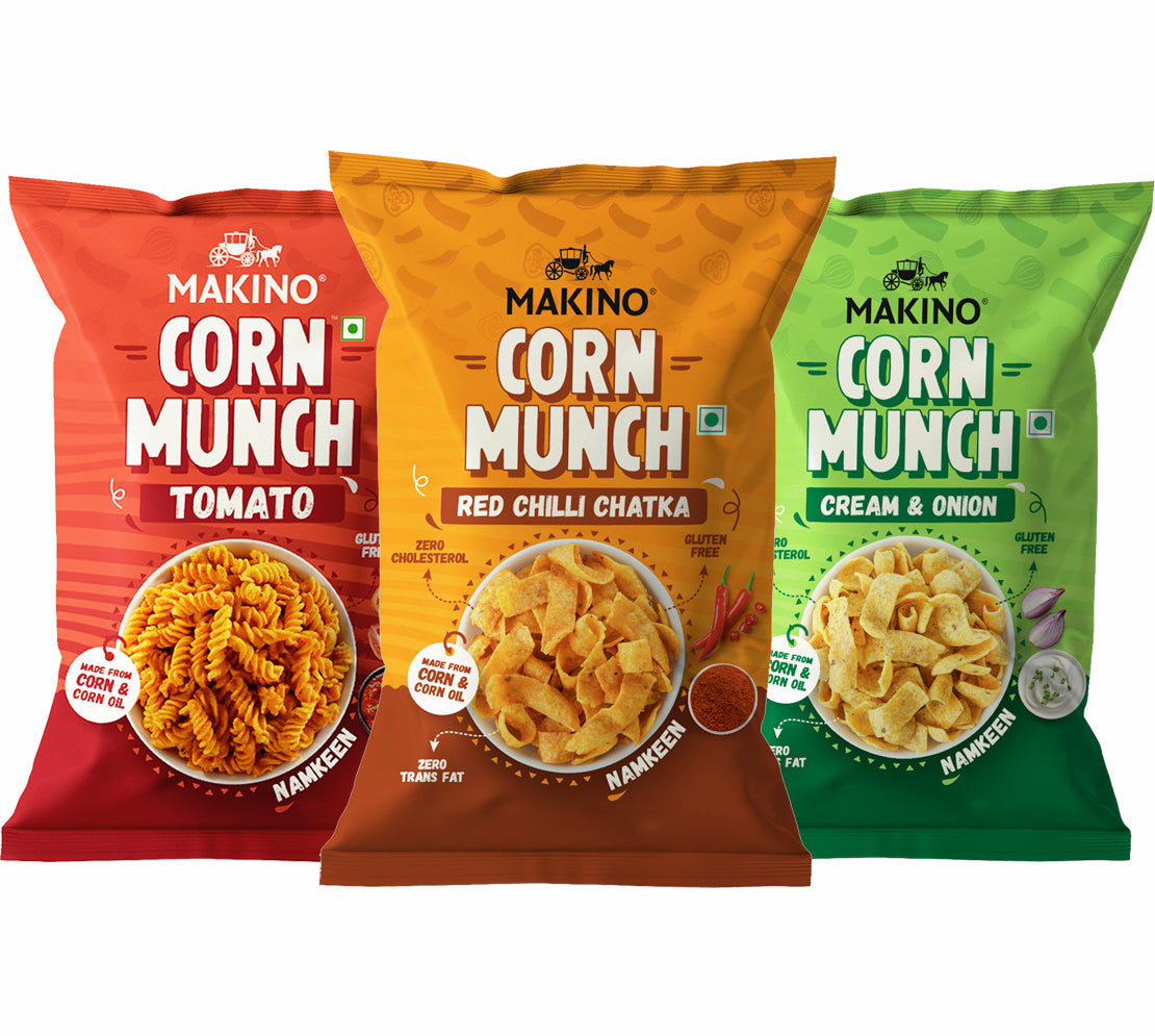 Makino Assorted Corn Munch (Cream & Onion, Red Chilli Chatka and Tomat ...
